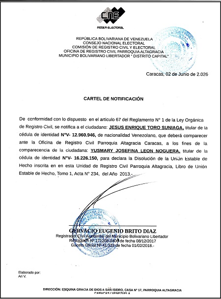 CARTEL DE NOTIFICACIÓN AL CIUDADANO JESÚS ENRIQUE TORO SUNIAGA