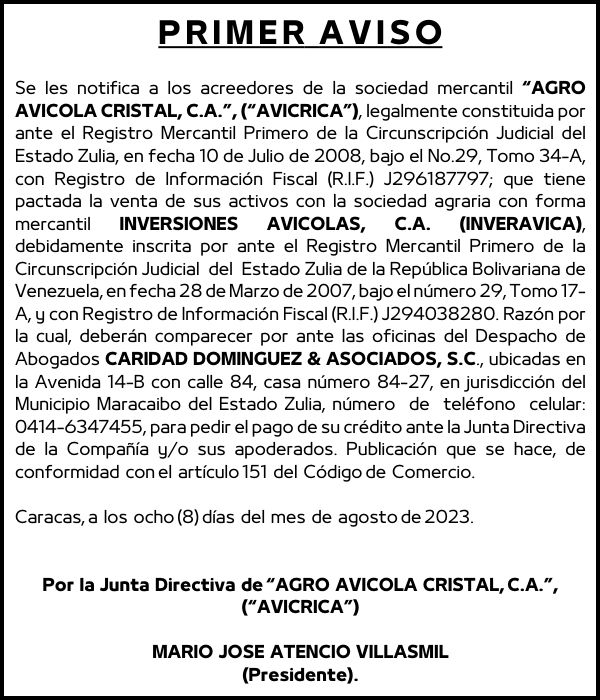 PRIMER AVISO AGRO AVICOLA CRISTAL C.A.