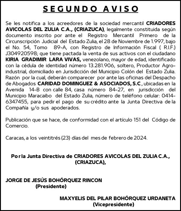 SEGUNDO AVISO CRIADORES AVICOLAS DEL ZULIA C.A., (CRIAZUCA)
