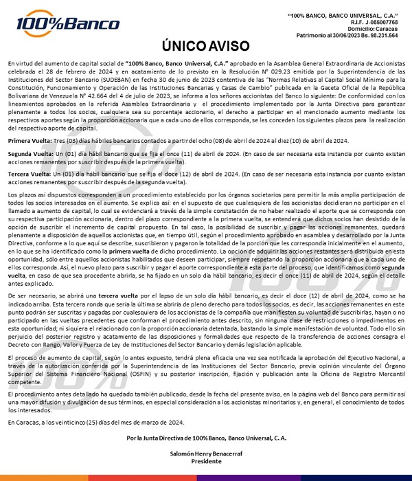 AVISO ÚNICO AUMENTO DE CAPITAL 100% BANCO