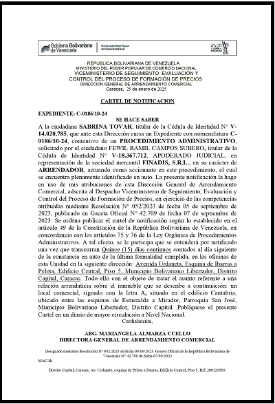 CARTEL DE NOTIFICACIÓN EXPEDIENTE C0186/10-24