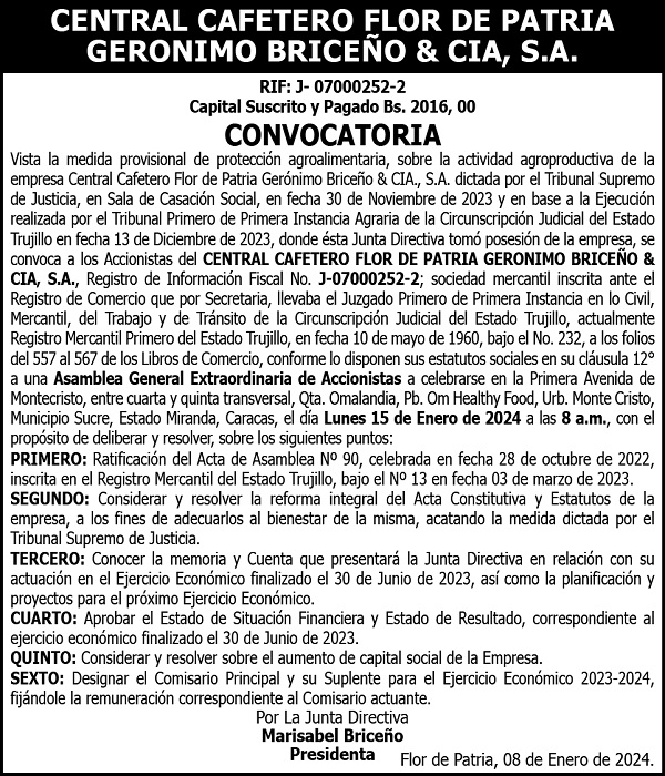 CONVOCATORIA CENTRAL CAFETERO FLOR DE PATRIA GERONIMO BRICEÑO & CIA S.A.