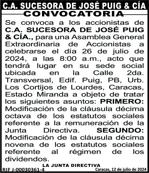 CONVOCATORIA C.A. SUCESORA DE JOSÉ PUIG & CÍA