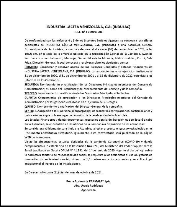 CONVOCATORIA ASAMBLEA GENERAL EXTRAORDINARIA INDUSTRIA LÁCTEA ...