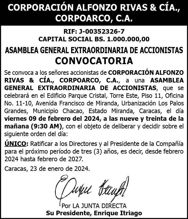 CONVOCATORIA CORPORACIÓN ALFONZO RIVAS & CIA., CORPOARCO, C.A.