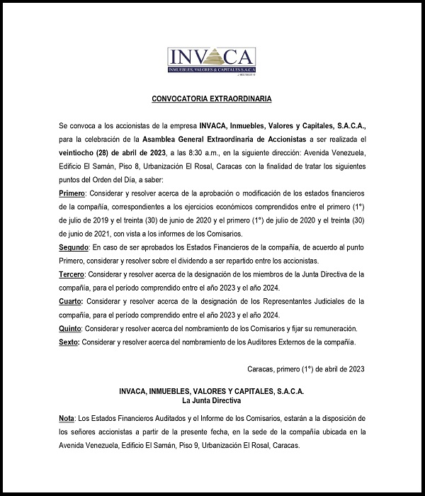 CONVOCATORIA ASAMBLEA GENERAL EXTRAORDINARIA INVACA (8:30 AM)