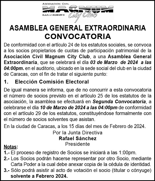 CONVOCATORIA MAGNUM CITY CLUB