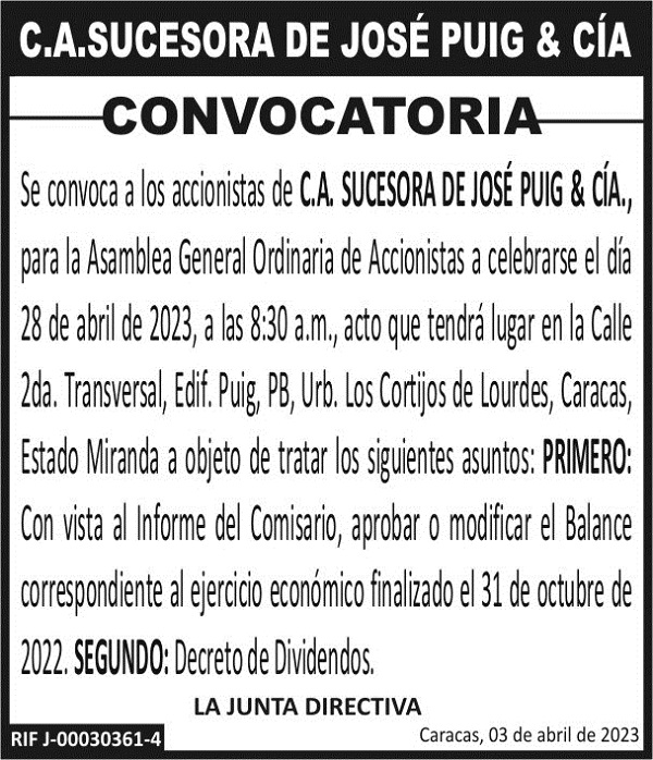 CONVOCATORIA C.A. SUCESORA JOSÉ PUIG ( 8:30 AM )