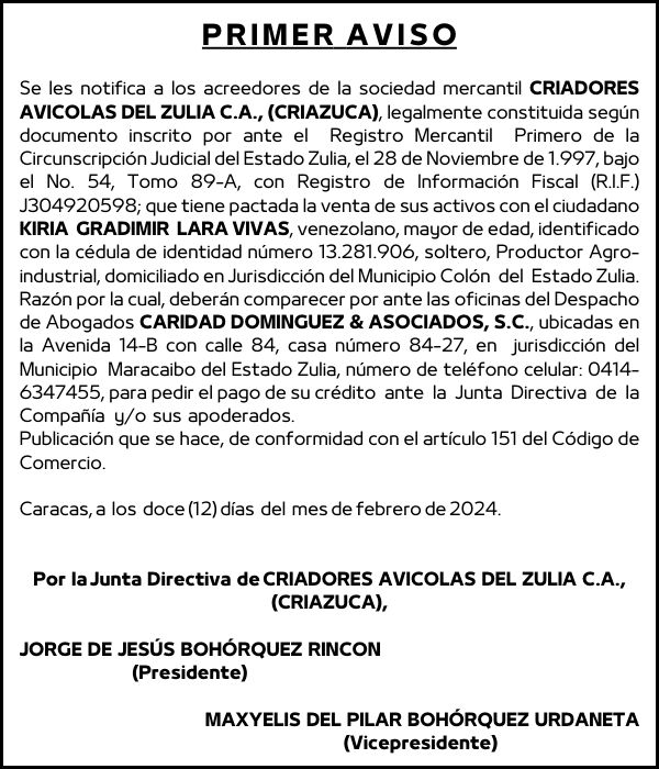 PRIMER AVISO CRIADORES AVICOLAS DEL ZULIA C.A. (CRIAZUCA)